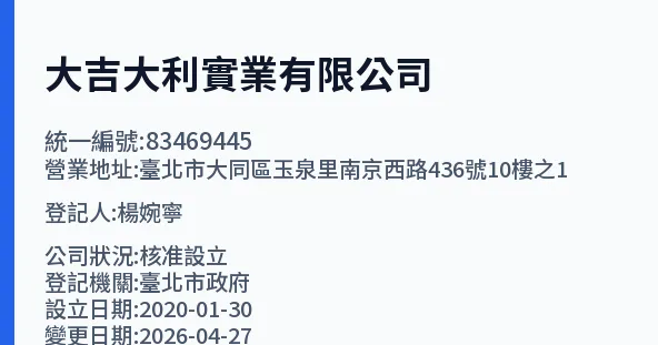 大吉大利實業有限公司的照片-統編 83469445(臺北市) 公司登記資料與營業項目詳細圖表
