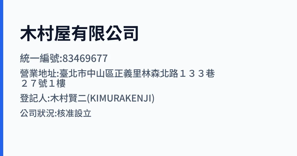 木村屋有限公司 - 統編 83469677(臺北市) 公司登記資料與營業項目詳細圖表