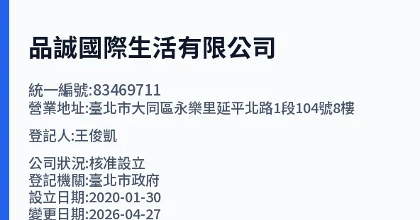 品誠國際生活有限公司的照片-統編 83469711(臺北市) 公司登記資料與營業項目詳細圖表