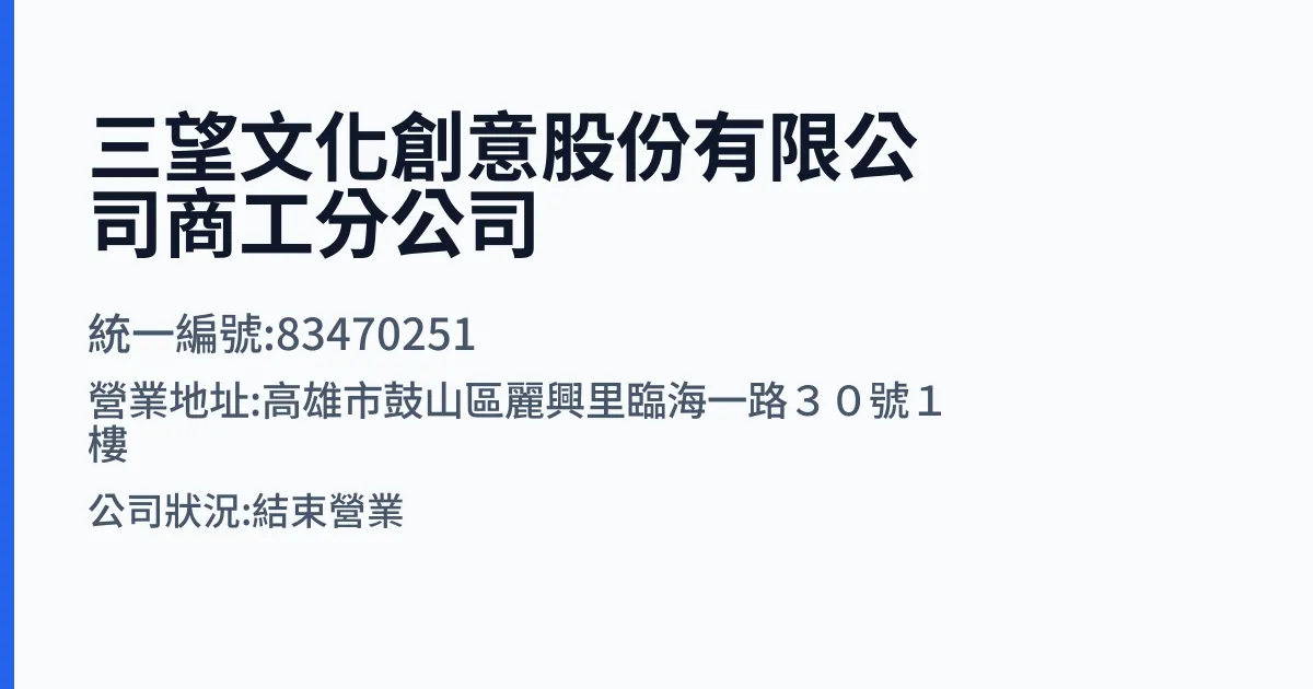 三望文化創意股份有限公司商工分公司 - 統編 83470251(高雄市) 公司登記資料與營業項目詳細圖表