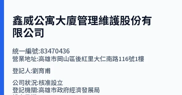 鑫威公寓大廈管理維護股份有限公司的照片-統編 83470436(高雄市) 公司登記資料與營業項目詳細圖表
