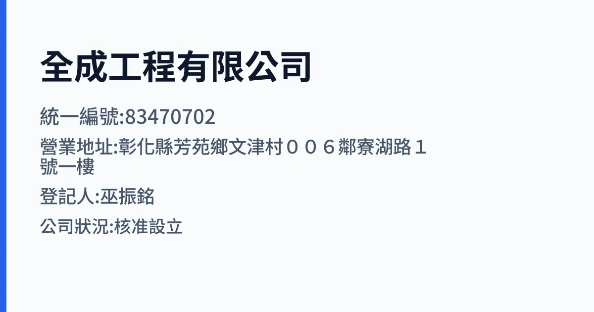 全成工程有限公司 - 統編 83470702(彰化縣) 公司登記資料與營業項目詳細圖表