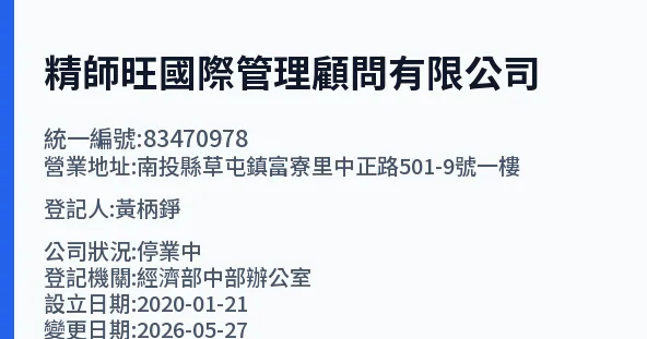 精師旺國際管理顧問有限公司的照片-統編 83470978(南投縣) 公司登記資料與營業項目詳細圖表