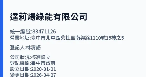 達莉煬綠能有限公司的照片-統編 83471126(臺中市) 公司登記資料與營業項目詳細圖表