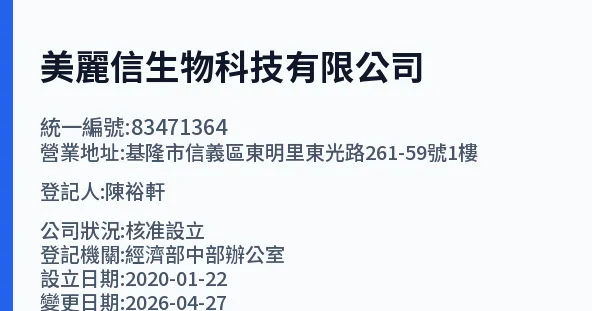 美麗信生物科技有限公司的照片-統編 83471364(基隆市) 公司登記資料與營業項目詳細圖表