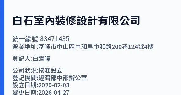 白石室內裝修設計有限公司的照片-統編 83471435(基隆市) 公司登記資料與營業項目詳細圖表