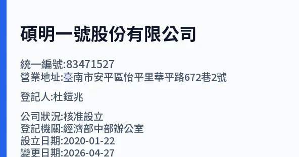 碩明一號股份有限公司的照片-統編 83471527(臺南市) 公司登記資料與營業項目詳細圖表