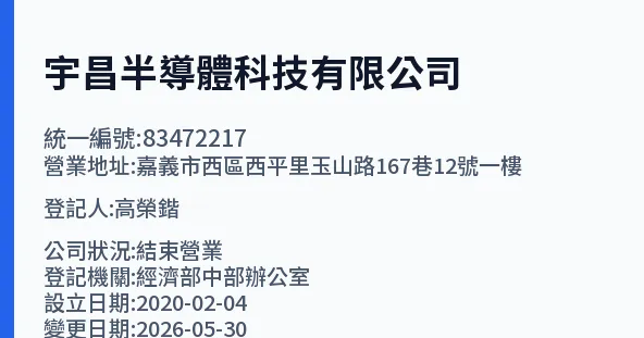 宇昌半導體科技有限公司的照片-統編 83472217(嘉義市) 公司登記資料與營業項目詳細圖表