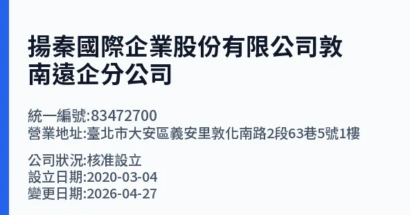 揚秦國際企業股份有限公司敦南遠企分公司的照片-統編 83472700(臺北市) 公司登記資料與營業項目詳細圖表