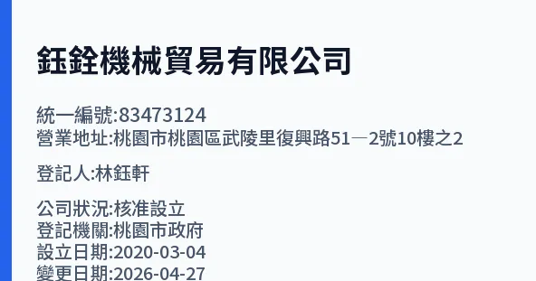 鈺銓機械貿易有限公司的照片-統編 83473124(桃園市) 公司登記資料與營業項目詳細圖表