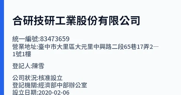 合研技研工業股份有限公司的照片-統編 83473659(臺中市) 公司登記資料與營業項目詳細圖表
