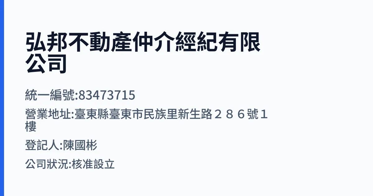 弘邦不動產仲介經紀有限公司 - 統編 83473715(臺東縣) 公司登記資料與營業項目詳細圖表