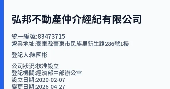 弘邦不動產仲介經紀有限公司的照片-統編 83473715(臺東縣) 公司登記資料與營業項目詳細圖表