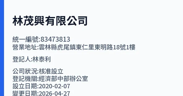 林茂興有限公司的照片-統編 83473813(雲林縣) 公司登記資料與營業項目詳細圖表