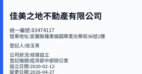 佳美之地不動產有限公司的照片-統編 83474117(宜蘭縣) 公司登記資料與營業項目詳細圖表