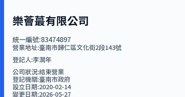 樂薈蕞有限公司的照片-統編 83474897(臺南市) 公司登記資料與營業項目詳細圖表