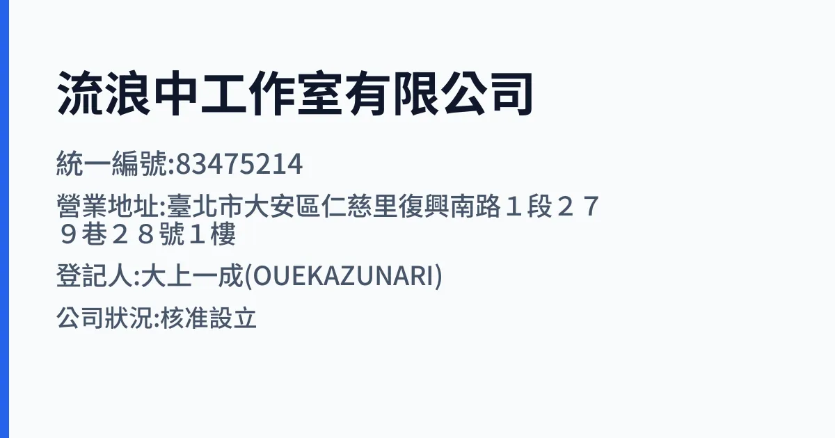 流浪中工作室有限公司 - 統編 83475214(臺北市) 公司登記資料與營業項目詳細圖表