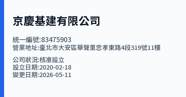 京慶基建有限公司的照片-統編 83475903(臺北市) 公司登記資料與營業項目詳細圖表