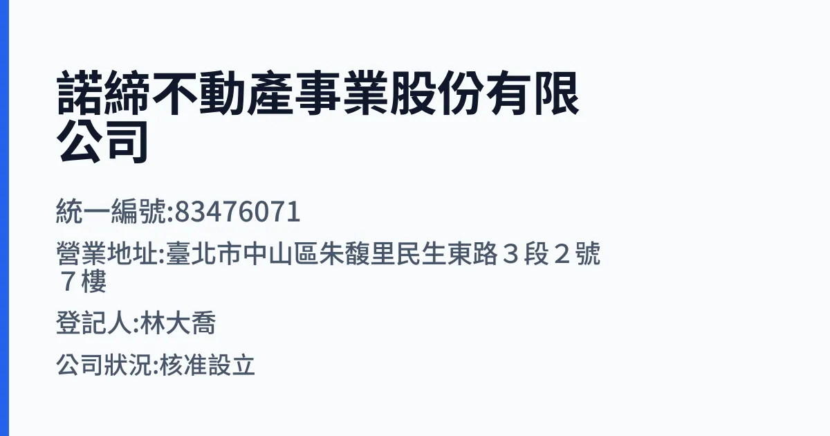 諾締不動產事業股份有限公司 - 統編 83476071(臺北市) 公司登記資料與營業項目詳細圖表