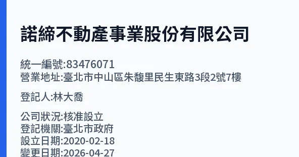 諾締不動產事業股份有限公司的照片-統編 83476071(臺北市) 公司登記資料與營業項目詳細圖表