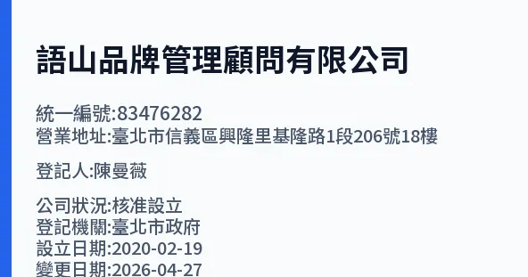 語山品牌管理顧問有限公司的照片-統編 83476282(臺北市) 公司登記資料與營業項目詳細圖表