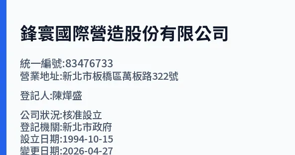 鋒寰國際營造股份有限公司的照片-統編 83476733(新北市) 公司登記資料與營業項目詳細圖表