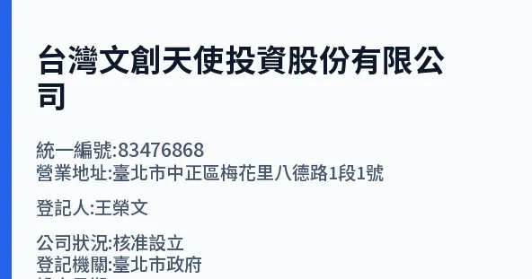 台灣文創天使投資股份有限公司的照片-統編 83476868(臺北市) 公司登記資料與營業項目詳細圖表