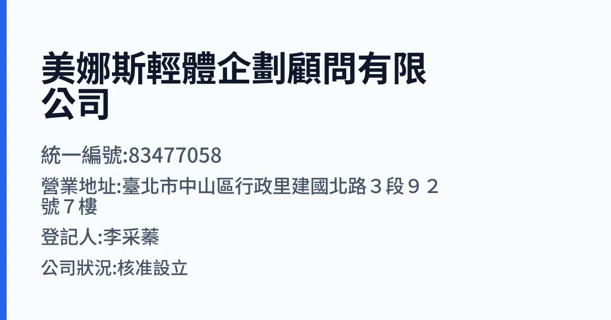 美娜斯輕體企劃顧問有限公司 - 統編 83477058(臺北市) 公司登記資料與營業項目詳細圖表
