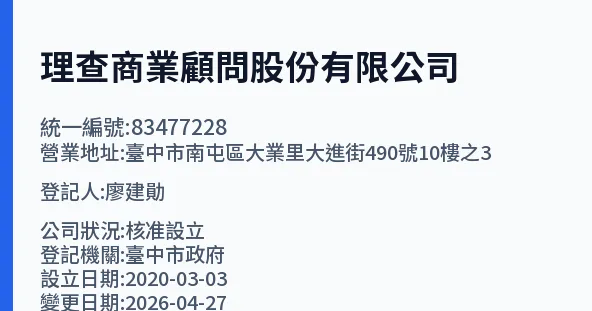 理查商業顧問股份有限公司的照片-統編 83477228(臺中市) 公司登記資料與營業項目詳細圖表