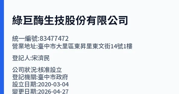綠巨酶生技股份有限公司的照片-統編 83477472(臺中市) 公司登記資料與營業項目詳細圖表