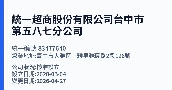 統一超商股份有限公司台中市第五八七分公司的照片-統編 83477640(臺中市) 公司登記資料與營業項目詳細圖表