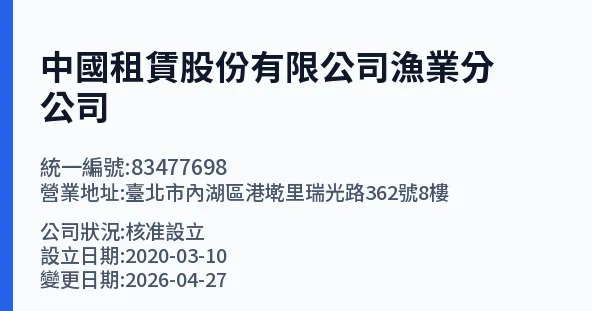 中國租賃股份有限公司漁業分公司的照片-統編 83477698(臺北市) 公司登記資料與營業項目詳細圖表