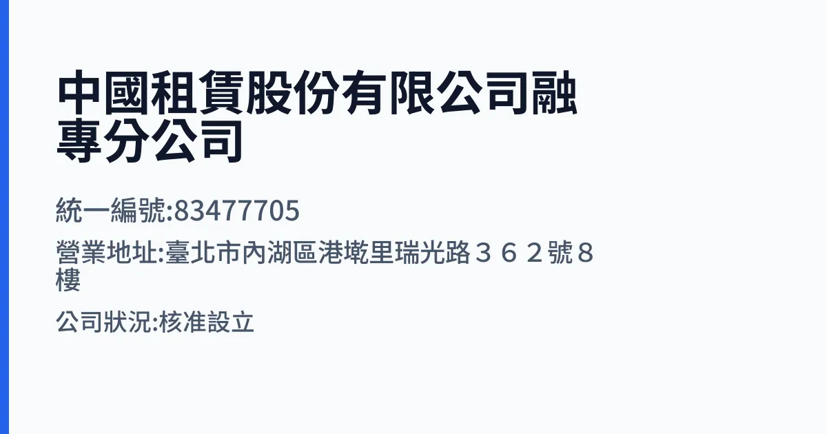 中國租賃股份有限公司融專分公司 - 統編 83477705(臺北市) 公司登記資料與營業項目詳細圖表