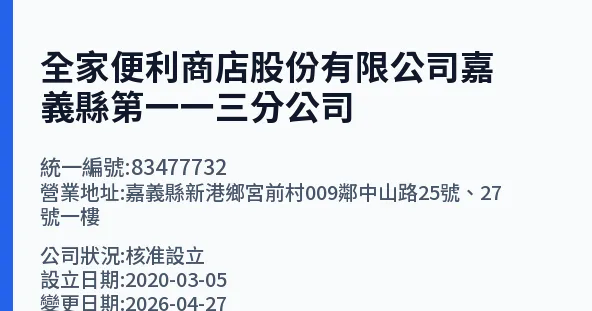 全家便利商店股份有限公司嘉義縣第一一三分公司的照片-統編 83477732(嘉義縣) 公司登記資料與營業項目詳細圖表