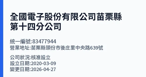 全國電子股份有限公司苗栗縣第十四分公司的照片-統編 83477944(苗栗縣) 公司登記資料與營業項目詳細圖表