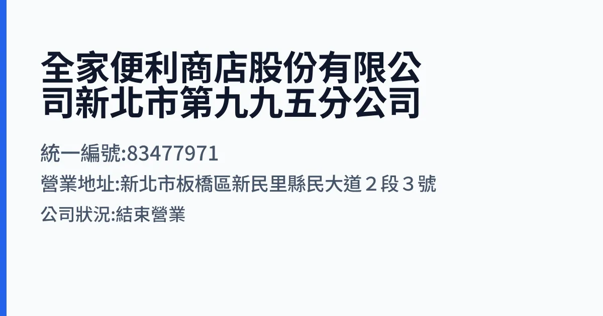 全家便利商店股份有限公司新北市第九九五分公司 - 統編 83477971(新北市) 公司登記資料與營業項目詳細圖表