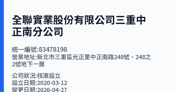 全聯實業股份有限公司三重中正南分公司的照片-統編 83478198(新北市) 公司登記資料與營業項目詳細圖表