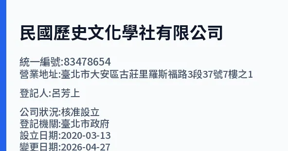 民國歷史文化學社有限公司的照片-統編 83478654(臺北市) 公司登記資料與營業項目詳細圖表