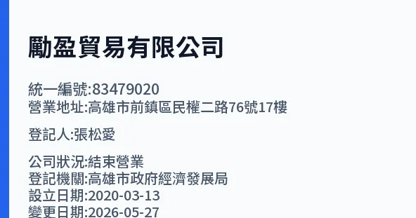 勵盈貿易有限公司的照片-統編 83479020(高雄市) 公司登記資料與營業項目詳細圖表