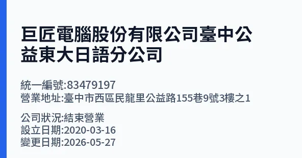 巨匠電腦股份有限公司臺中公益東大日語分公司的照片-統編 83479197(臺中市) 公司登記資料與營業項目詳細圖表