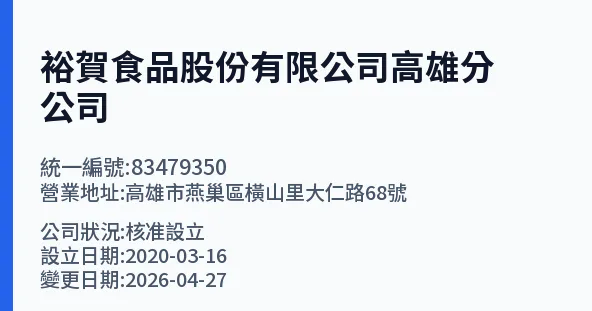 裕賀食品股份有限公司高雄分公司的照片-統編 83479350(高雄市) 公司登記資料與營業項目詳細圖表