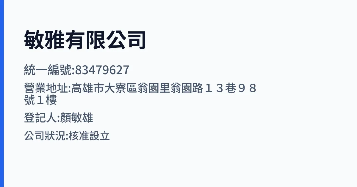 敏雅有限公司 - 統編 83479627(高雄市) 公司登記資料與營業項目詳細圖表