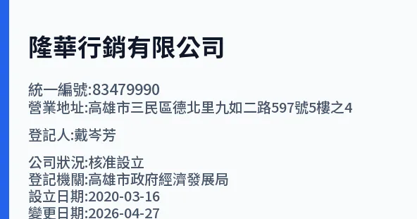 隆華行銷有限公司的照片-統編 83479990(高雄市) 公司登記資料與營業項目詳細圖表