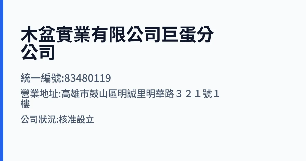 木盆實業有限公司巨蛋分公司 - 統編 83480119(高雄市) 公司登記資料與營業項目詳細圖表