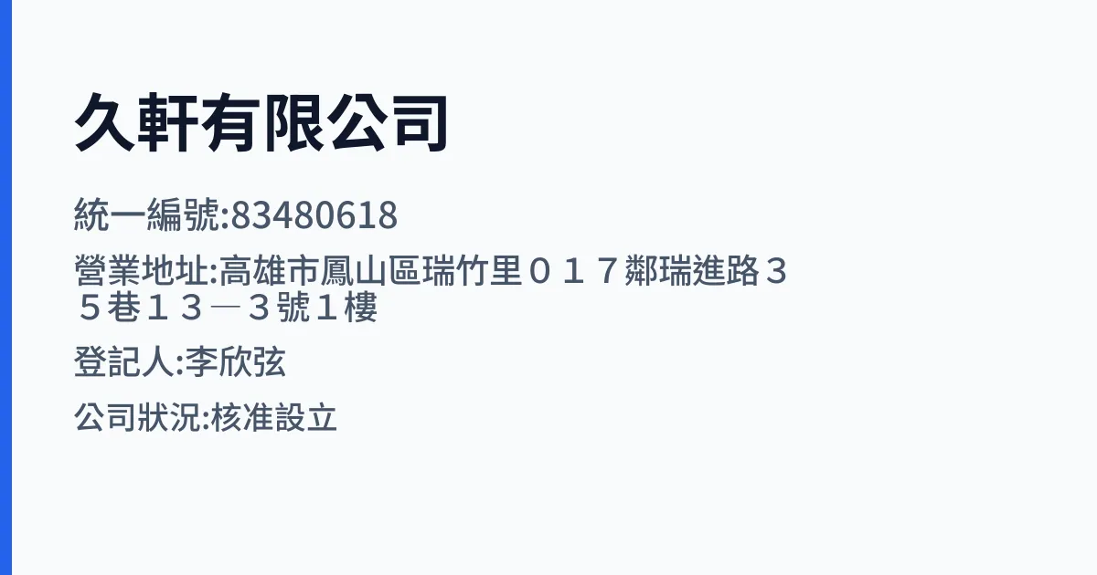 久軒有限公司 - 統編 83480618(高雄市) 公司登記資料與營業項目詳細圖表