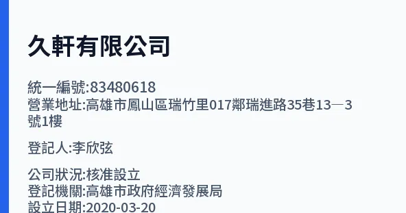 久軒有限公司的照片-統編 83480618(高雄市) 公司登記資料與營業項目詳細圖表