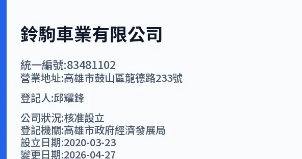 鈴駒車業有限公司的照片-統編 83481102(高雄市) 公司登記資料與營業項目詳細圖表