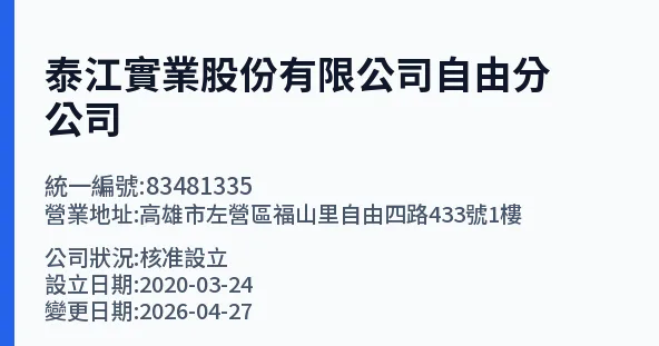 泰江實業股份有限公司自由分公司的照片-統編 83481335(高雄市) 公司登記資料與營業項目詳細圖表