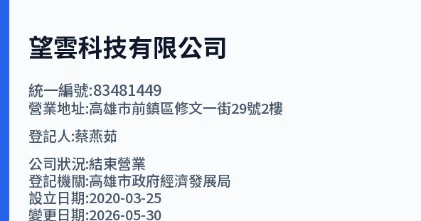 望雲科技有限公司的照片-統編 83481449(高雄市) 公司登記資料與營業項目詳細圖表