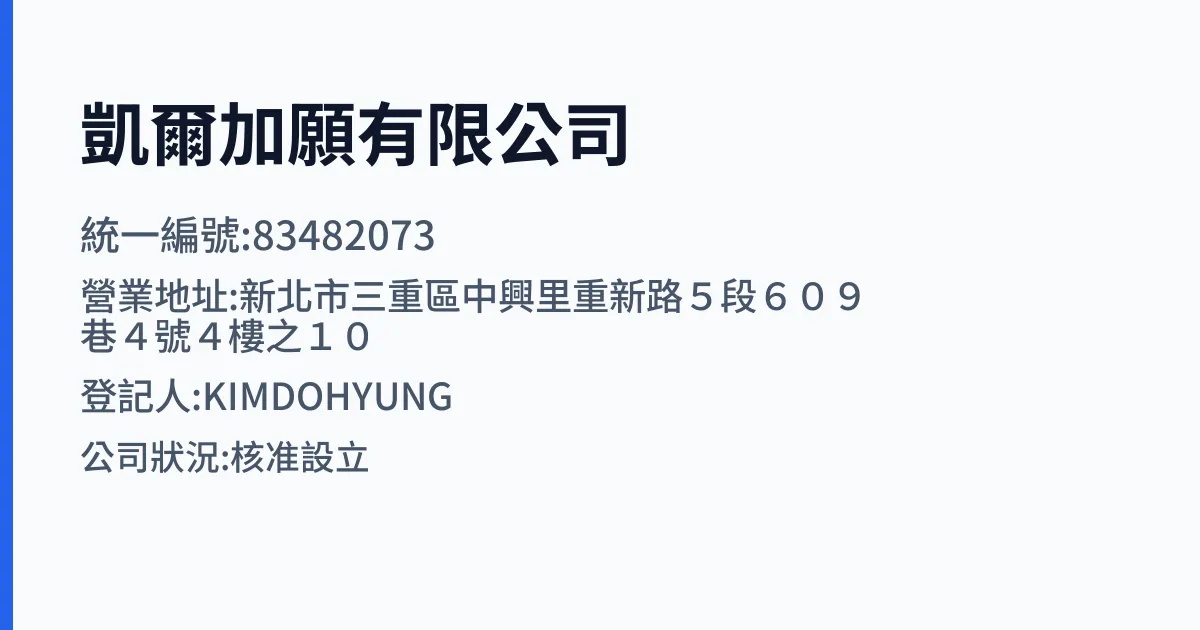 凱爾加願有限公司 - 統編 83482073(新北市) 公司登記資料與營業項目詳細圖表